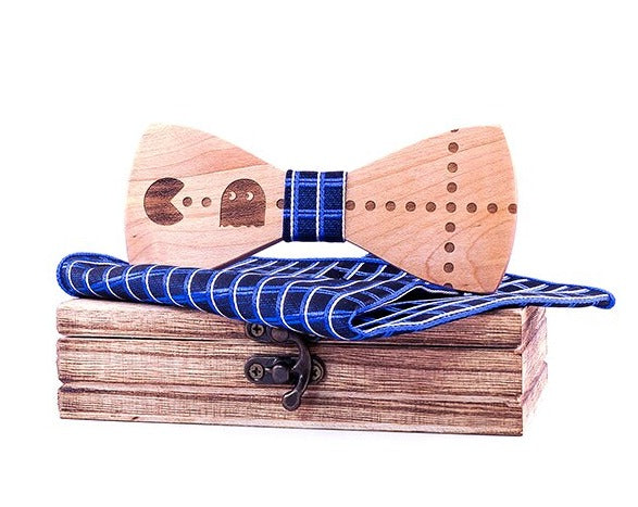 Pac-Man Blue Plaid Wooden Bow Tie - Originality and Retro Elegance